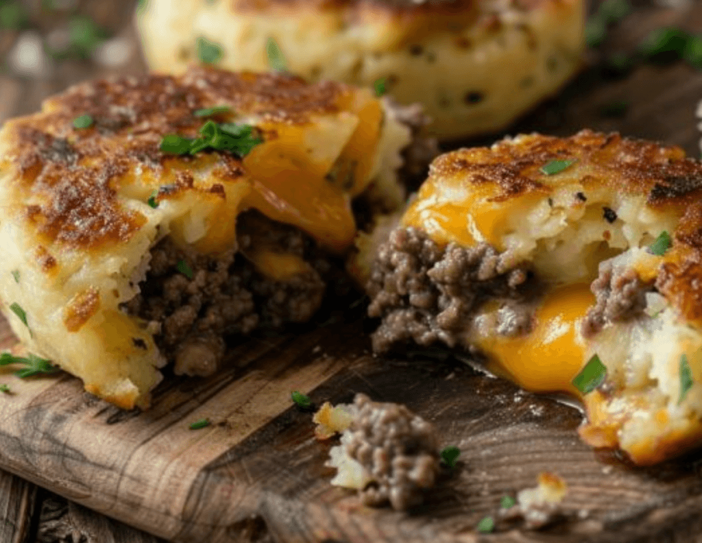 Cheesy Beef Stuffed Potato Cakes - Easy Recipes Life