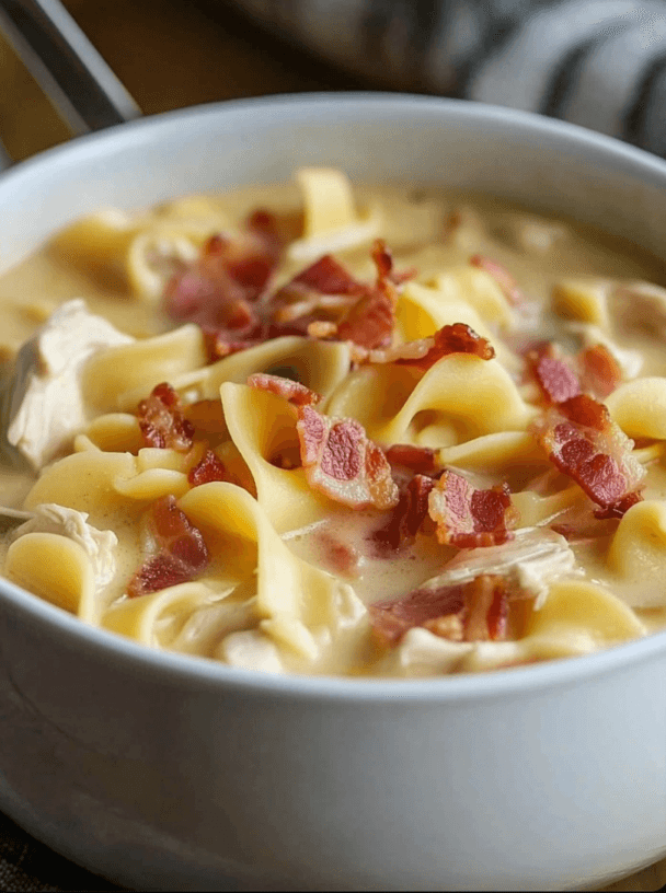 Creamy Chicken Noodle Soup with Bacon - Easy Recipes Life