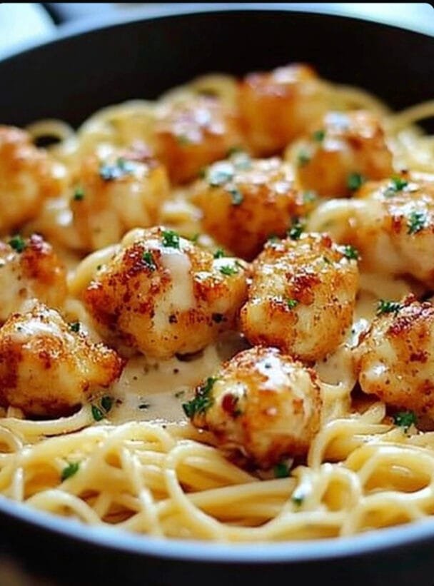 Golden Garlic Chicken Bites over Creamy Parmesan - Easy Recipes Life