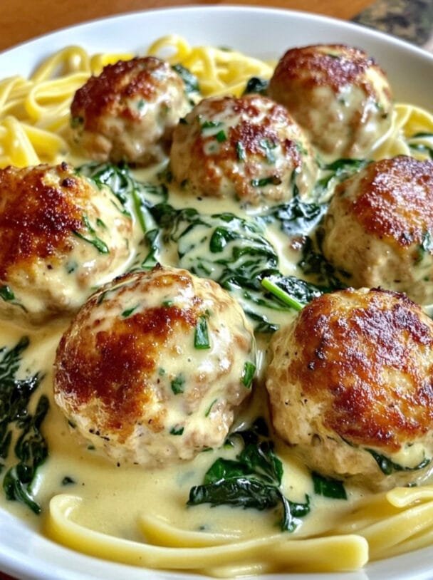 Creamy Chicken Ricotta Meatballs with Spinach Alfredo - Easy Recipes Life