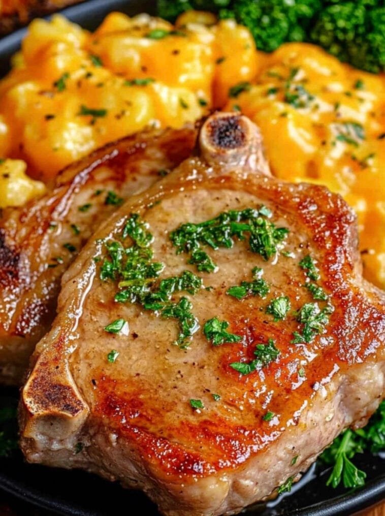 Garlic Butter Pork Chops with Cheesy Potato Bake - Easy Recipes Life